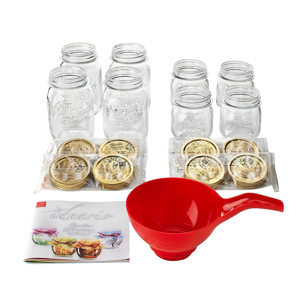 Bormioli Rocco Quattro Stagioni 18-Piece Canning Starter Set (4) 8.5 and (4) 17-Ounce Jars (8) Caps, Funnel, Recipe Book