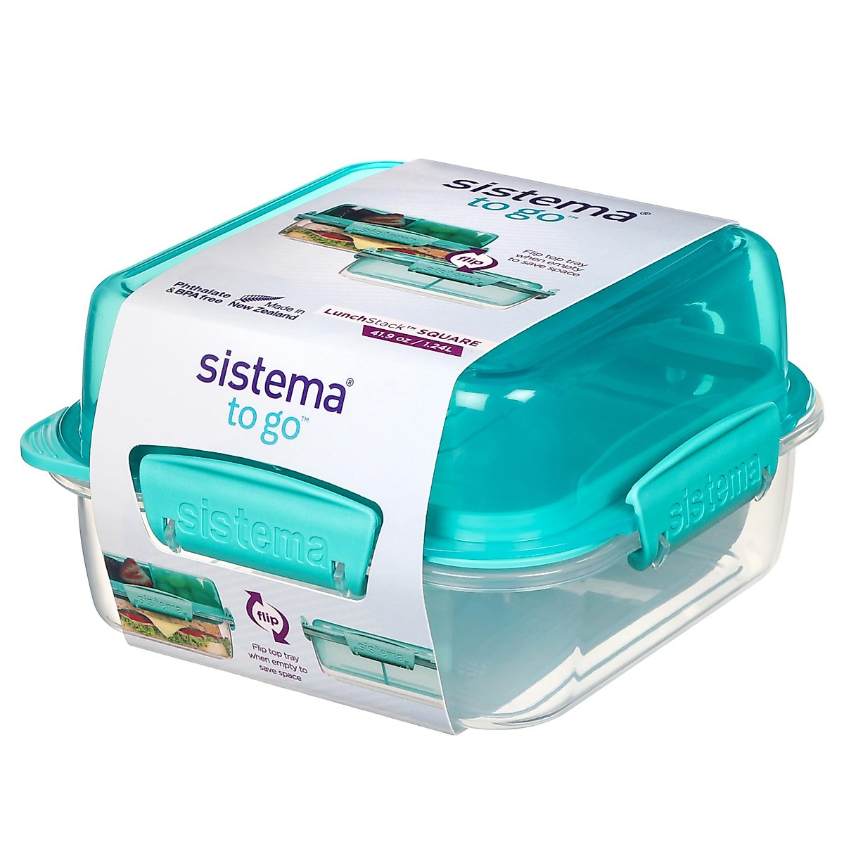 Sistema 1.24L Lunch Stack Square to Go Assorted Colours, Polypropylene, 1.24 Litre
