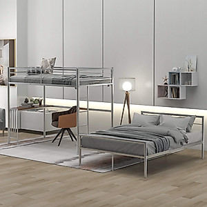 Harper & Bright Designs Twin Over Full Metal Bunk Bed with Desk, L Shaped Bunk Bed with Ladder and Quality Slats for Bedroom- Silver