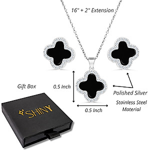 Four Leaf Crystal Clover Necklace Earring Set for Women 18K Gold Plated Stainless Steel Cubic Zirconia Pendant 4 Leaf Lucky Ear Studs Jewelry Gift for Mother and Daughter (Black Silver Set)