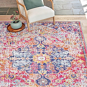 Estmy Ultra Thin Washable Boho Area Rug - 5x7 Vintage Distressed Non-Slip Bedroom Rug Oriental Medallion Living Room Rug Boho Carpet for Dining Room Dorm Kitchen Rose Pink/Yellow/Blue