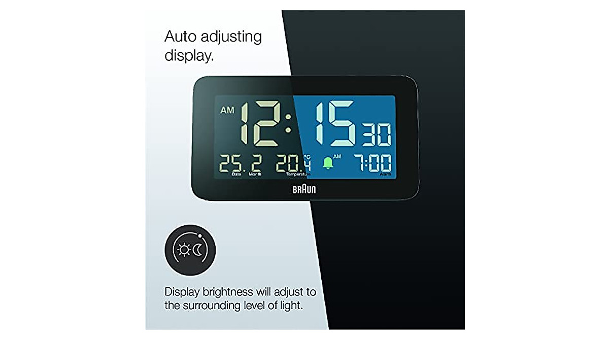 Braun Digital Alarm Clock BC10B - Sleek with Date, Temp & Backlight