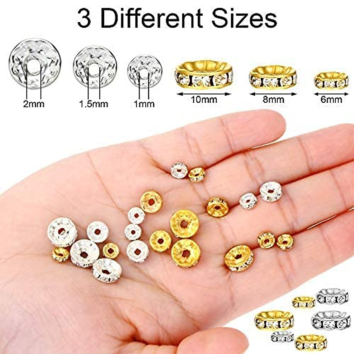 800 Pieces Round Rondelle Spacer Beads Crystal Rhinestone Loose Bead Rondelle Charm Beads 6 mm 8 mm 10 mm for Necklaces Bracelets Jewelry Making (Gold, Silver)