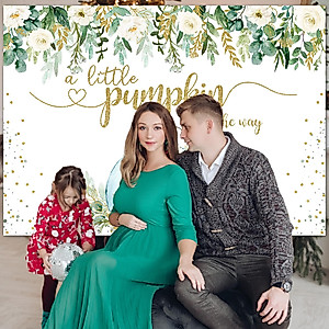 Mocsicka Boy Pumpkin Baby Shower Backdrop Greenery Blue Floral Fall Baby Shower Background A Little Pumpkin is On The Way Baby Shower Party Cake Table Decoration Banner Photo Booth Props (7x5ft)