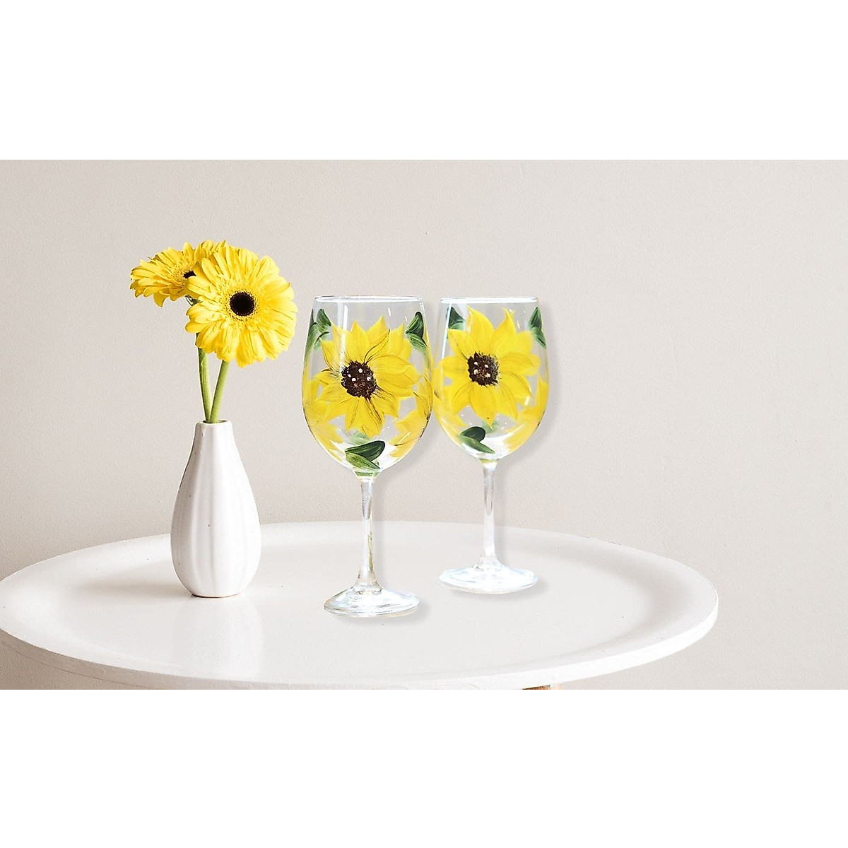 Hand Painted Sunflower Wine Glasses, 12 Ounce Stemmed Set of 2, Perfect Gift for Mom, Wine Lovers, Mothers Day, Birthday, Easter, and Christmas, Yellow and Green design, Artisian Brushes with a View