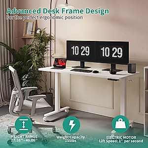EleTab Standing Desk, 55 x 24 Inch Electric Stand up Height Adjustable Home Office Table, Sit Stand Desk with Splice Board, White Frame & White Desktop