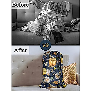 Swono Autumn Orange Pumpkins Drawstring Closure Dirty Clothes Bag Organizer, Heavy Duty Large Laundry Bag, Retro Style Fall Flowers Peony Rose Maple Leaf Rip-Stop Bags for Camp Travel, Machine