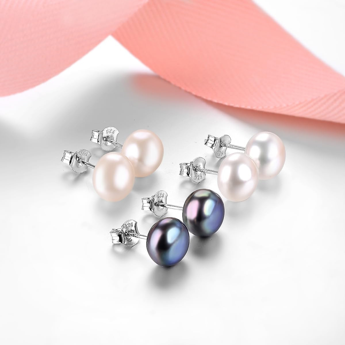 ZhenCai 3 Pairs Freshwater Pearl Stud Earrings for Women S925 Sterling Silver June Birthstone Studs Rhodium Plated Classic Style Fine Jewelry for Birthday Mother's Day (White+Black+Pink)