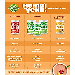 Manitoba Harvest Hemp Yeah! Organic Max Fiber Protein Powder, Vanilla, 16oz; with 10g of Fiber, 9g Protein and 1.9g Omegas 3&6 per Serving, Preservative Free, Non-GMO