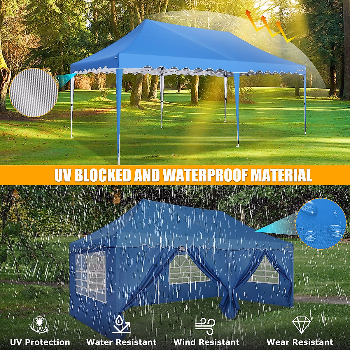 HOTEEL 10x20 Canopy Pop up Canopy with 6 Sidewalls, Easy Setup Canopy Tent Waterproof Tents for Parties with Wheeled Bag, 4 Weight Bag, UV50+ Outdoor Event Tent Vendor Tent, High Roof, Metal Leg, Blue