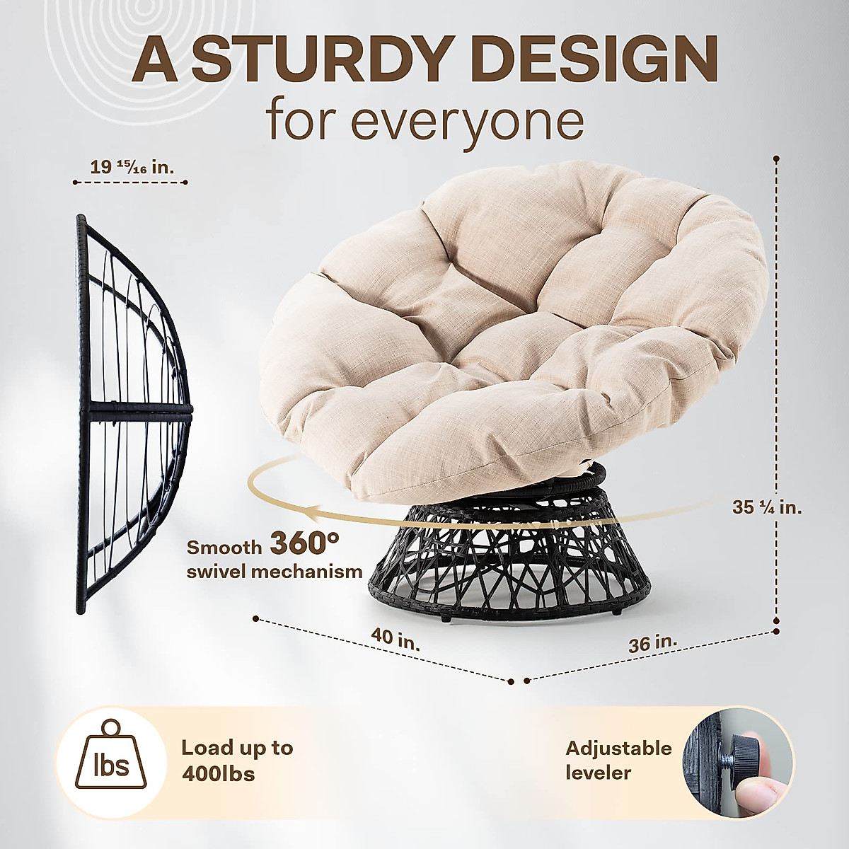 Bme Ergonomic Wicker Papasan Chair with dCee Cat Couch - Small Dog Sofa Light Gray, Soft Thick Density Fabric Cushion, High Capacity for Livingroom, Bedroom, Reading Room