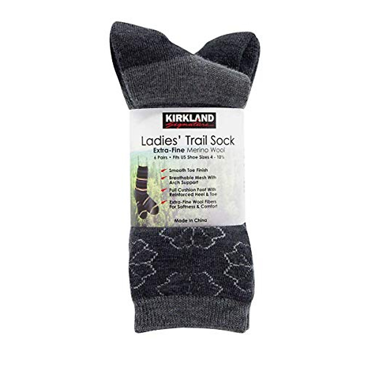 Kirkland Signature Womens 6 Pack Extra Fine Merino Wool Trail Socks (Grey/Blue)