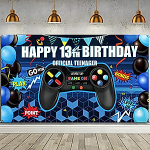 Happy 13th Birthday Video Game Backdrop Banner, Level 13 Up Birthday Background with Game Controller Print Gaming Theme for Photography, Photo Props, Video Game Party Wall Decoration (Blue)