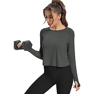 Bestisun Split Back Workout Long Sleeve Shirts Exercise Sports Clothes Activewear Running Tops for Women Deep Gray S