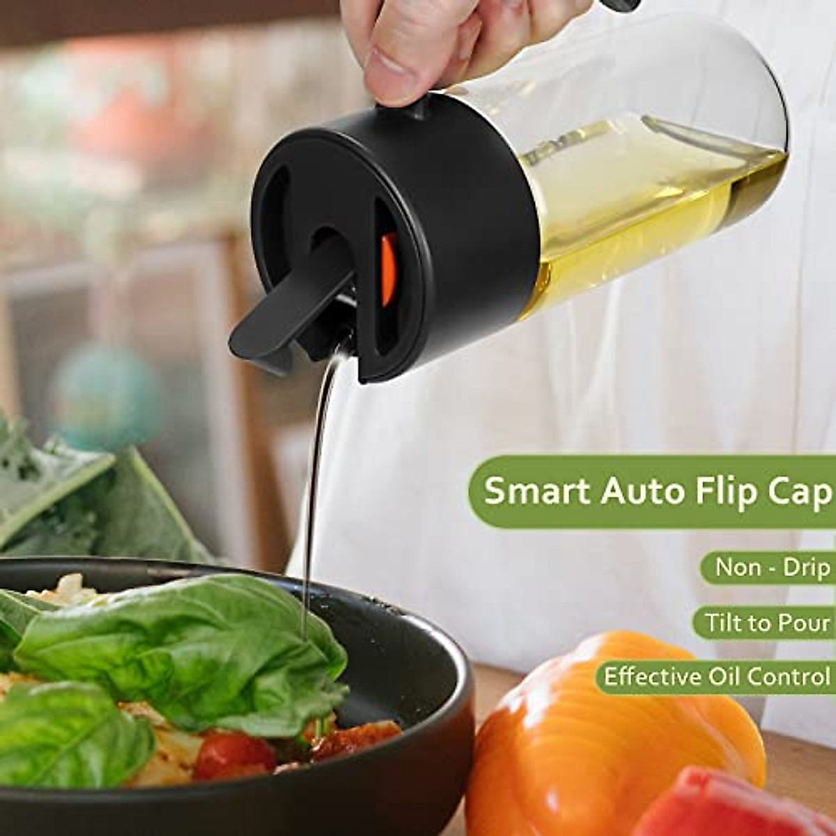 TrendPlain Olive Oil and Vinegar Dispenser Bottle for Kitchen - One Pinch Open & Auto Flip Cap Oil Dispenser with Measurements - Olive Oil Bottle with Non-Drip Spout (500ml/17oz) Black