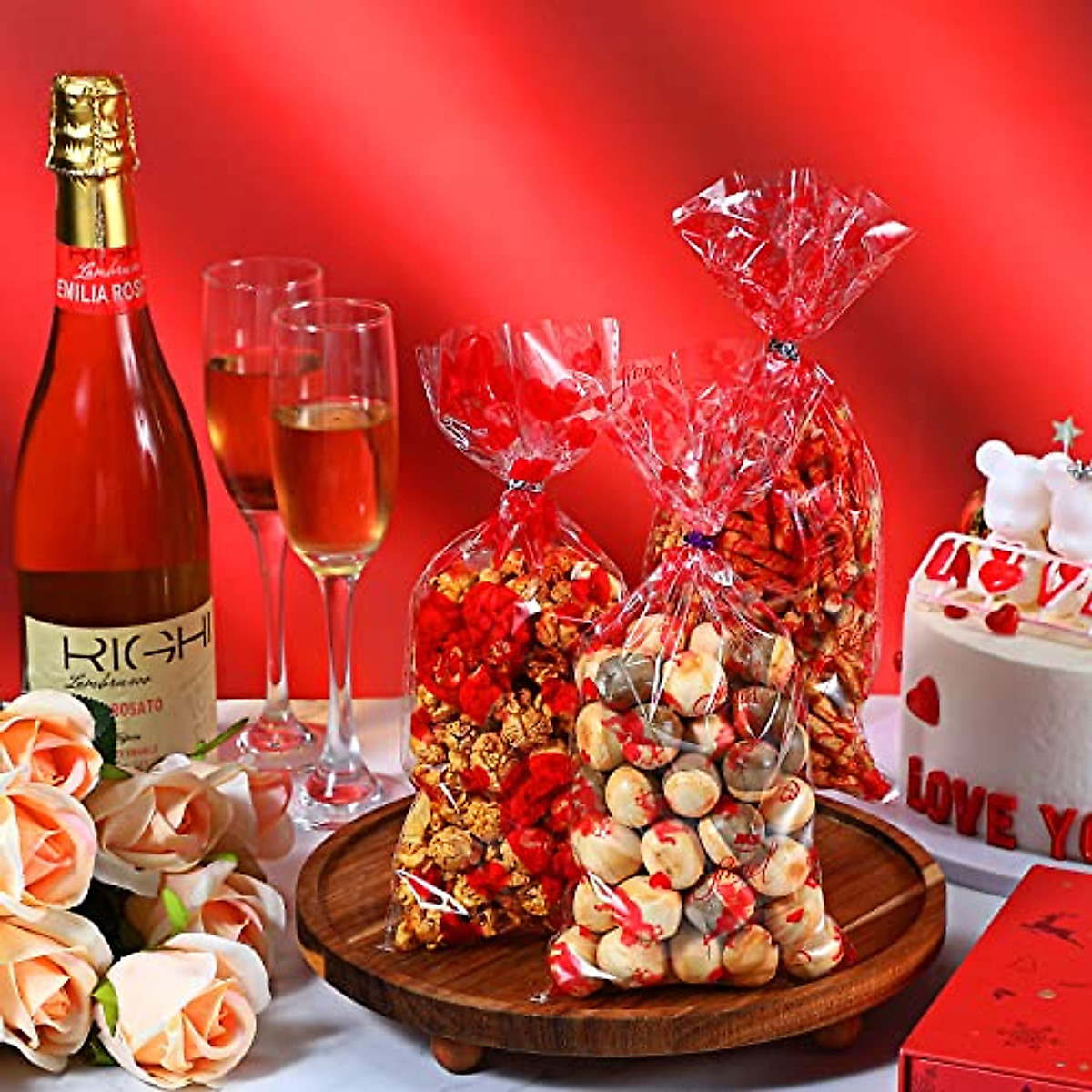 200 Pcs Valentine Cellophane Candy Bags Valentine's Day Gift Bags Valentine Cellophane Treat Bags with 200 Twist Ties Valentine Goodies Bags for Kids Valentine Party Supplies,10 Styles