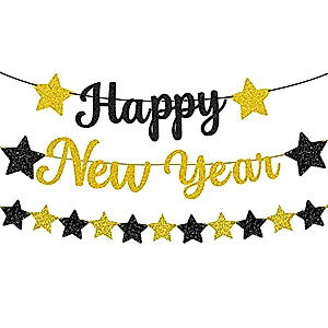Famoby Black Gold Paper Happy New year Banner Shiny metallic texture Star Bunting for New year Party Decoration