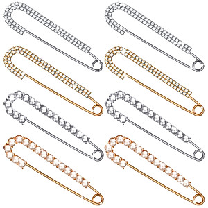 8 Pieces Women Brooch Pins Sweater Shawl Clips Faux Crystal Pearl Brooches Safety Pins Dress Shirt Clips for Women Gold Silver