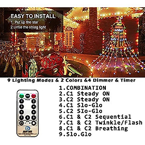 Outdoor Christmas Lights Star Curtain Lights Christmas Tree String Lights Plug in 335 LED with Topper Star Waterfall Hanging Lights Warm White & Multi-Color Changing for Xmas Gazebo Garden Yard Decor