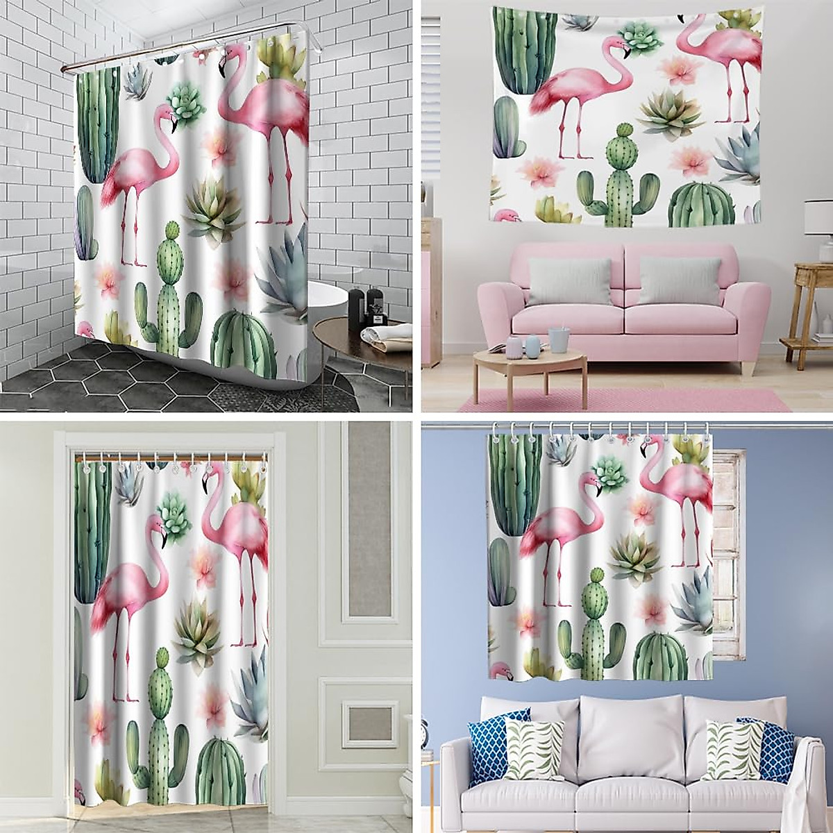 TheBlackSpot Cactus and Pink Flamingo Shower Curtain Sets Tropical Plant Succulent Flower Bath Curtains Christmas Decor Sets Grommet with Hooks 72W × 72H inches