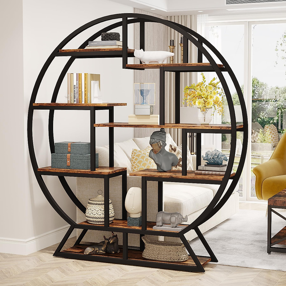 Tribesigns Bookshelf, Round Bookshelves Etagere Bookcase, 63 Inch Industrial Wood Book Shelf with Staggered Shelves, Rustic Open Shelving Organizer Rack Display Shelf for Home Office, Living Room