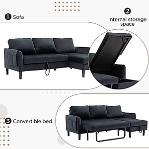Akrenar Reversible Sectional Sofa with Storage, Modern Velvet Fabric Sleeper Sofa L-Shaped Couch, Sectional Couches for Living Room, Bedroom, Apartment,Office(Black)