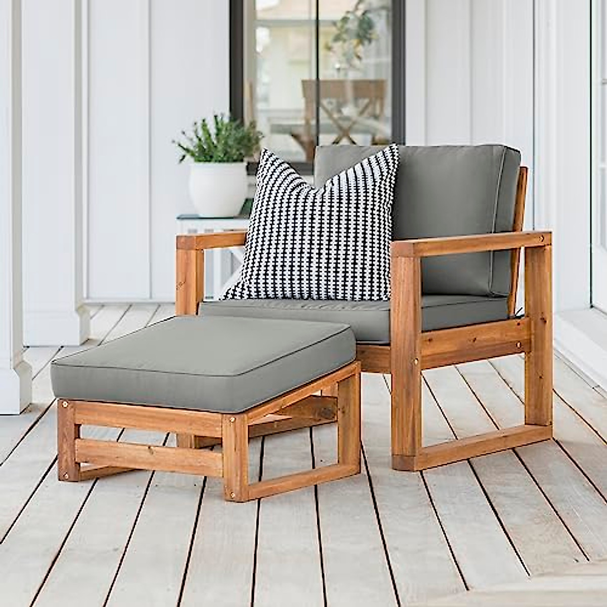Walker Edison Sorrento Modern Acacia Wood Outdoor Side Chair and Ottoman Set with Cushions, 32 Inch, Brown
