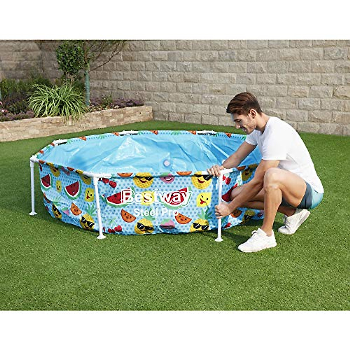 Bestway 8' x 20" Above Ground Kids Round Swimming Pool with UV Shaded Top Canopy and Built-in Water Mister, Fruit Designed Exterior