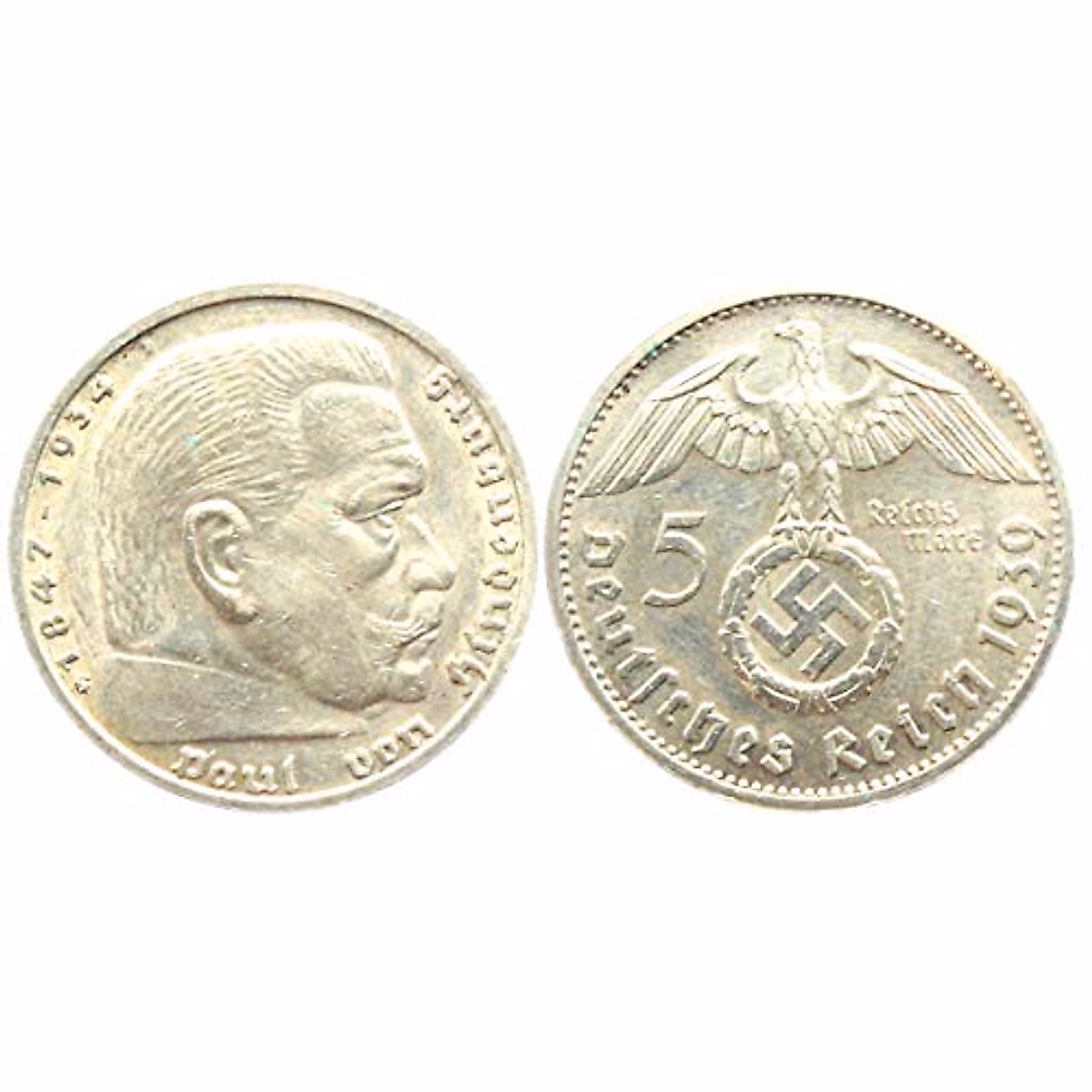 1937 DE LARGEST HIGHEST DENOMINATION MOST VALUABLE NAZI COIN EVER MINTED! HINDENBURG, SWASTIKA 5 SILVER MARKS AU (Almost Uncirculated)
