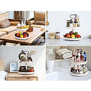 Farmhouse Wooden Decorative Two Tiered Trays+ Pu Leather Tray,Wood 2 Tier Serving Tray Stand for Rustic Table Centerpiece,Kitchen Decor,Coffee Bar, or Cupcake Stand (White)