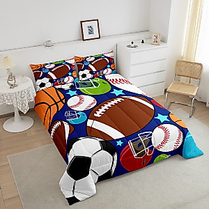 jejeloiu Kids Sports Comforter Set Football Basketball Tennis Baseball Bedding Boys Teens Sports Comforter with 1 Pillowcase(Twin)
