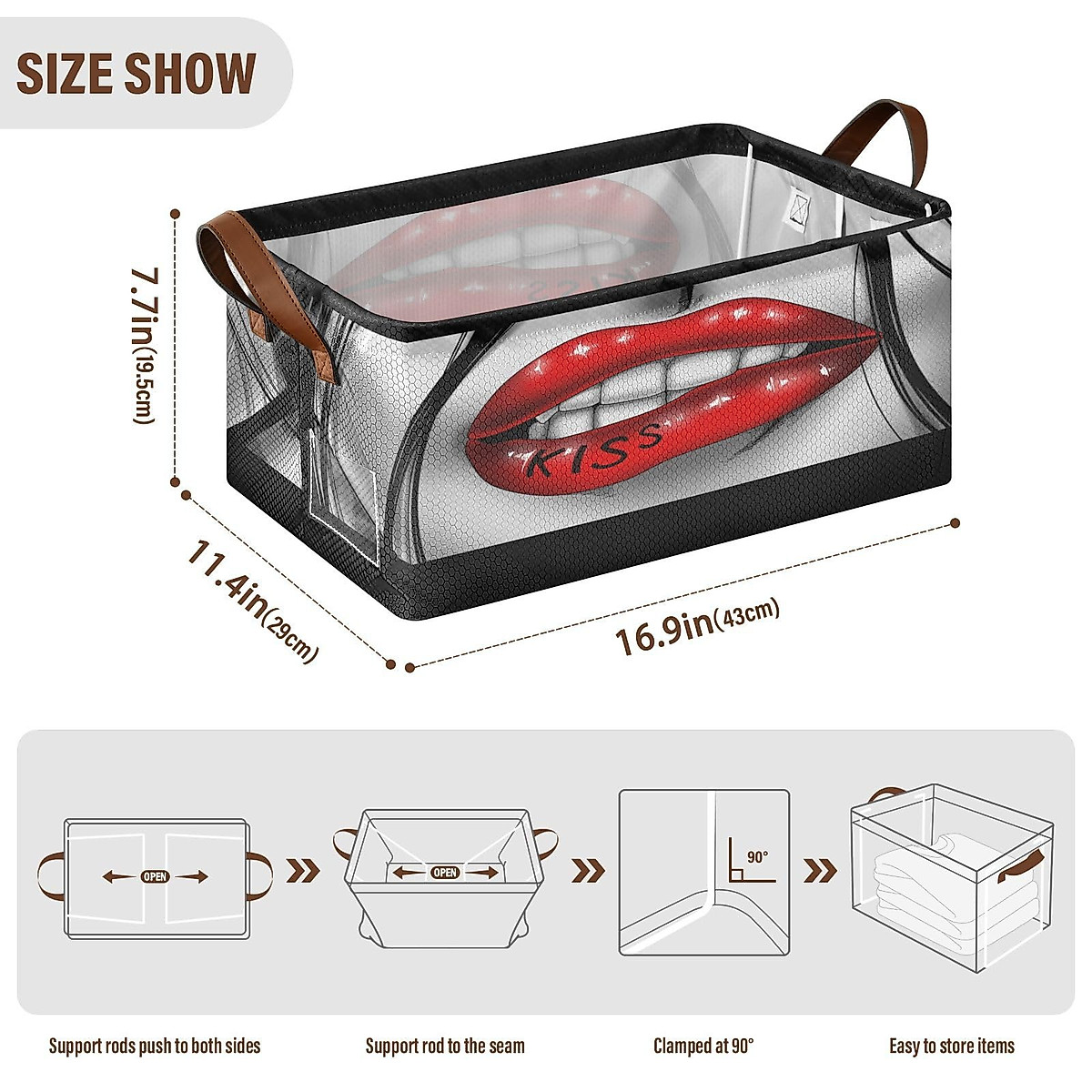 Exnundod Red Lips Kiss Love Storage Bins Funny Attractive Stroage Basket with Metal Frames Collapsible Storage Bin with Handles Organizing Closet Blanket Toys, 1PC