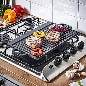 Cast Iron Stove Top Griddle Set & Griddle Accessories, Grill Pan, Includes Reversible Cast Iron Griddle, Stove Top Griddle Press, and Grill Pan Scrapers, Grill Plate measure 17 x 9 inch, Black
