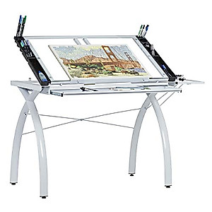 SD Studio Designs 10096 Futura Station with Folding Shelf Top Adjustable Drafting Craft Drawing Hobby Table Writing Studio Desk with Drawer, 35.5'' W x 23.75'' D, White/Clear Glass