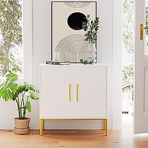 LYNSOM Storage Cabinet with Doors, Free Standing Living Room Cabinet, Modern Wood Buffet Sideboard for Kitchen, Bedroom, Hallway, Entryway, Office, White