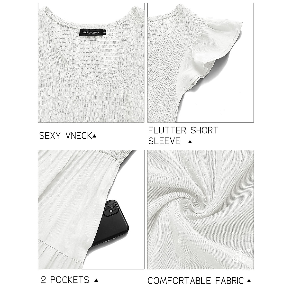 MEROKEETY Women's 2025 Summer Smocked V Neck Tiered Swing Long Midi Dress with Pockets, White, XL