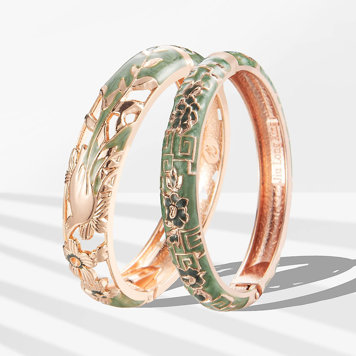 UJOY Colors Handcraft Jewelry Cloisonne Bracelet Enamel Hollowed Bird Spring Hinged Womens Bangles Gifts Box 88A31-A114 Green