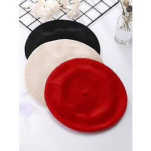 3 Pieces Beret Hat French Style Beanie Cap Solid Color Winter Hat for Women and Girls Casual Use (Black, Beige, Red)
