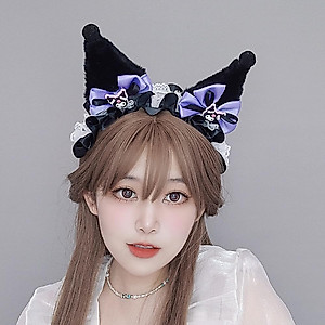 WW-WONDERFULWORLD Cat Ears Headband With Bows & Lace Ribbons, Lolita Headwear for Kuromi Cartoon Costume Cosplay Party for Kids & Women Girls Kids, (Soft Faux Fur Plush Fox Ears), KLM