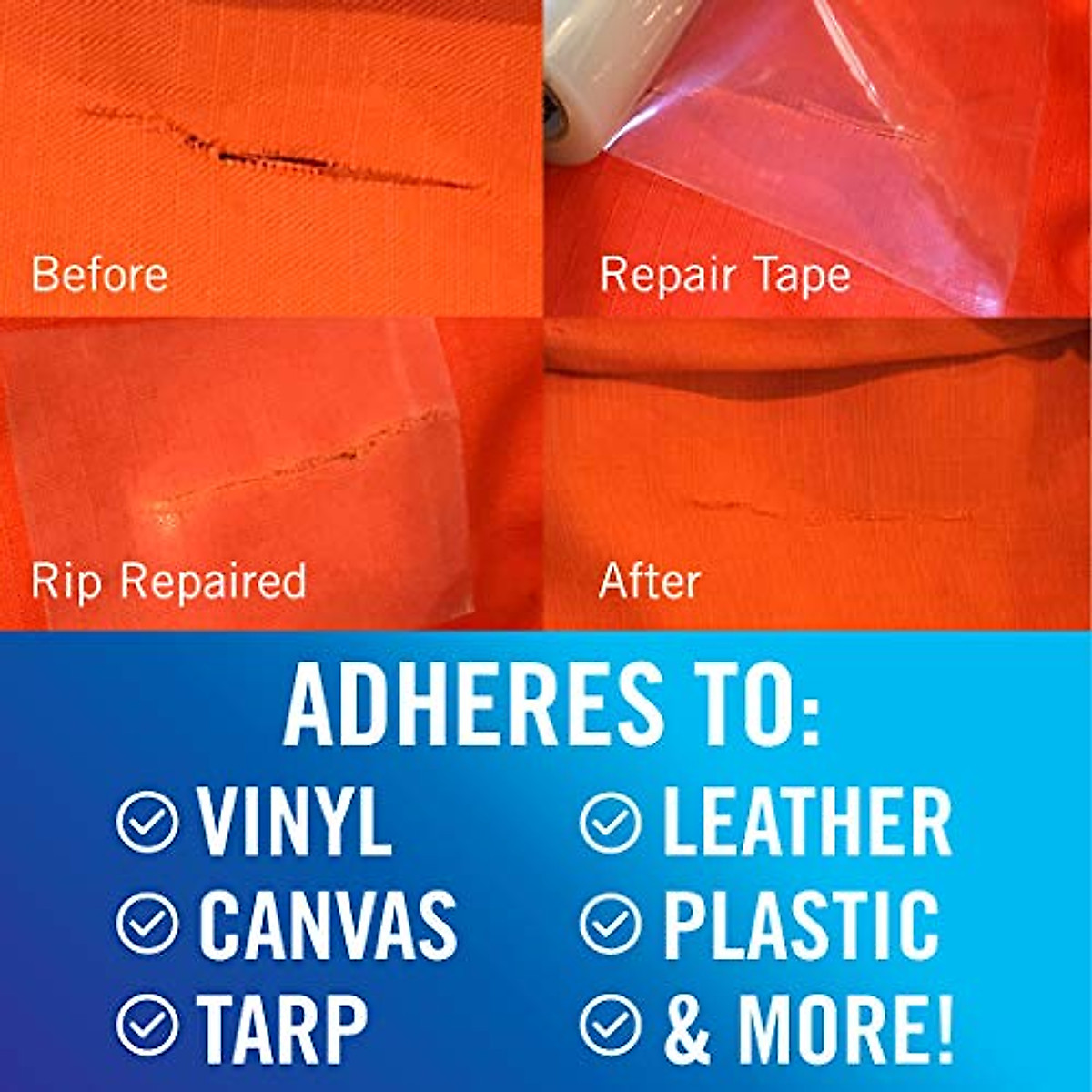 Repair Tape Fabric Repair Boat Covers Canvas Repair Tape Pop Up Camper RV Awning Repair Tape Tarp Canopy Tear & Vinyl Waterproof Bimini Tops Sail Air Mattress Patch Kit 30FTx3 Clear Heavy Duty
