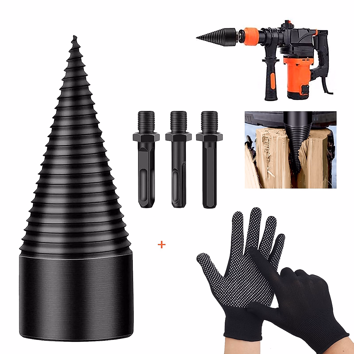 Firewood Log Splitter, Easy Log Splitting Drill Bits Heavy Duty Electric Drills Screw Cone Driver Tools Split Wood with Glove & 3 Screw for Hand Drill Stick Hex+Square+Round(32mm/1.26inch)