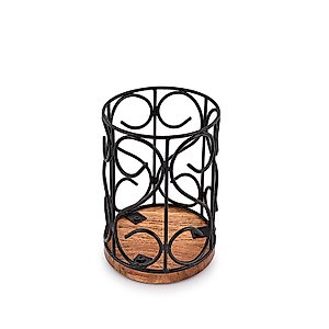 EDHAS Iron Utensil Holder With Acacia Wood Base Kitchen Counter Organizer Round Flatware Storage for Countertop (4.5" x 4.5" x 6")