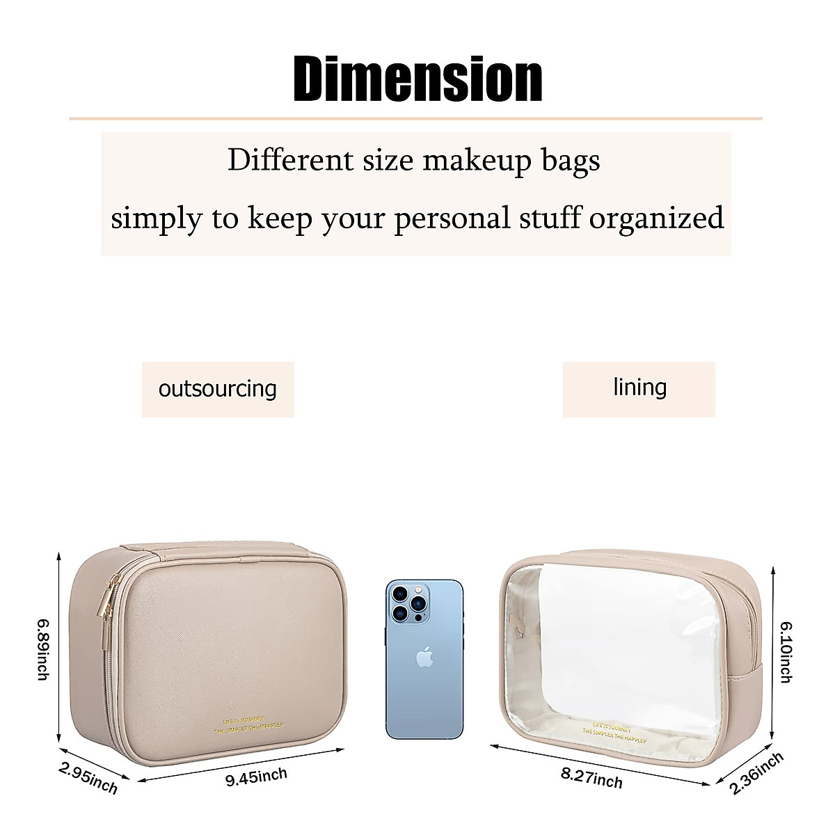 rewhaw 2Pack Travel Makeup Bag Beige Cosmetic Bags for Women Clear Toiletry Bags Cosmetic Bags for Women Make up Travel Bags Organizer for Girls,Makeup Bag Set of 2