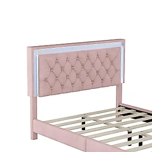 BEDGJH Upholstered Full Size Bed Frame with LED Lights, Modern Velvet Platform Bed with Tufted Headboard, Perfect for Kids Teens Girls & Boys Bedroom,No Box Spring Needed/Easy Assembly (Pink, Full)