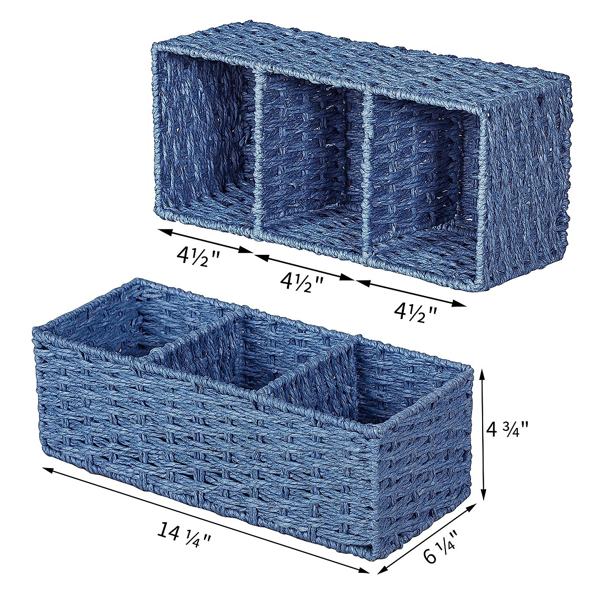 Vagusicc 3-Section Wicker Storage Basket, Hand-Woven Paper Rope Wicker Baskets,Toilet Paper Basket for Toilet Tank Top, Small Wicker Baskets for Organizing, 2-Pack, Blue