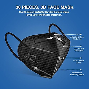 OPECTICID KN95 Face Masks 30 Pack, KN95 Mask Black Protection Cup Masks Breathable 5-Layer Filter Efficiency≥95% Disposable Certified KN95 Respirator Masks for Adults