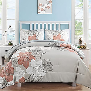 Luxudecor Floral Comforter Set King Size, Blush Floral Pattern Printed on Grey, Soft Microfiber 7 Pieces Bed in a Bag (1 Comforter, 2 Pillow Shams, 1 Flat Sheet, 1 Fitted Sheet, 2 Pillowcases)