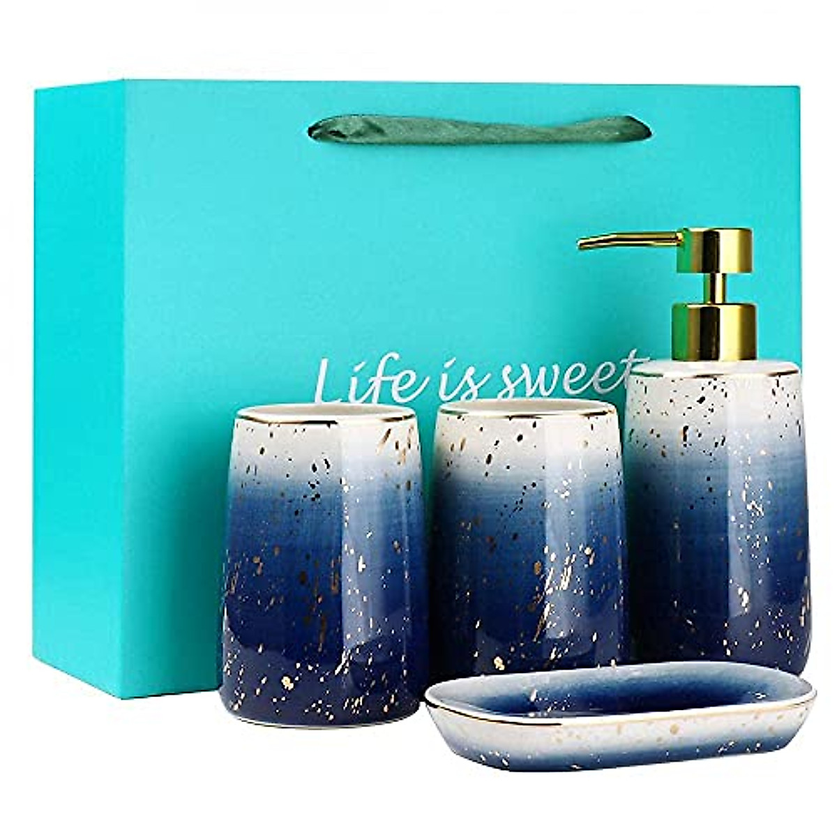 Bathroom Accessories Set，4 Pcs Marble Pattern Bathroom Sets Accessories with Soap Dispenser, Toothbrush Holder, Bathroom Tumbler, Soap Dish for Birthday gift, housewarming gift, Home Decoration (M)