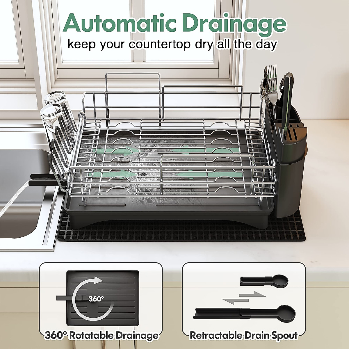 Qienrrae Dish Drying Rack, 2 Tier Large Rack and Drainboard Set with Swivel Spout, Stainless Steel Drainer for Kitchen Counter Wine Glass Holder, Utensil Mat