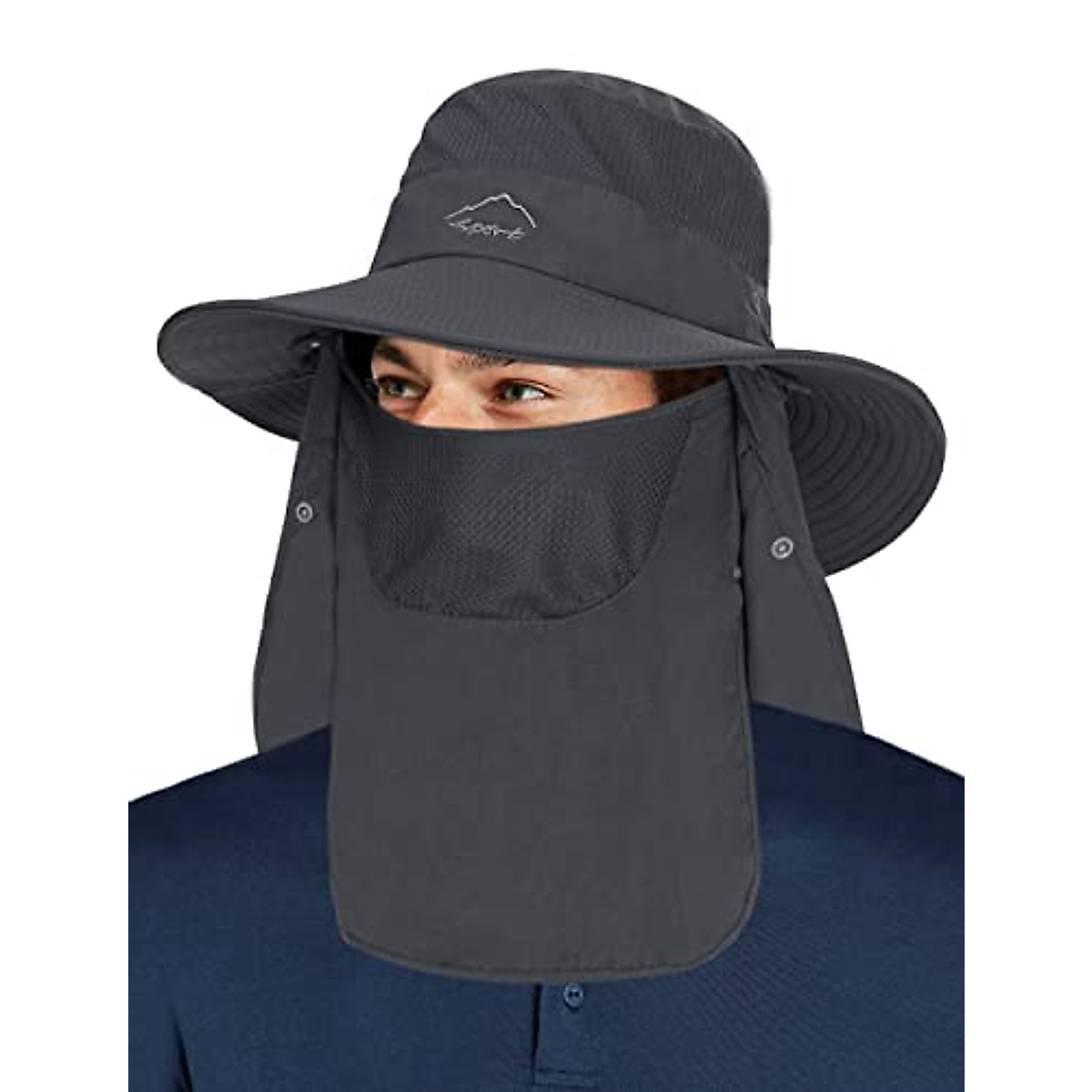 Men's Wide Brim Sun Fishing Hat Outdoor UPF 50+ Sun Protection with Removable Face and Neck Flap Dark Grey